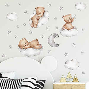 Cute Bear Sleeping on The Moon Cloud Wall Decals, Baby Nursey Wall Stickers, Removable Star DIY Wall Sticker, Vinyl Mural Decor Art for Kids Baby Nursery Room (gm-bear02)