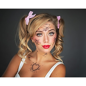 Tattoocrew 2 x Broken Doll Temporary Tattoo Halloween Costume for Men and Women, Adult, Face Sticker