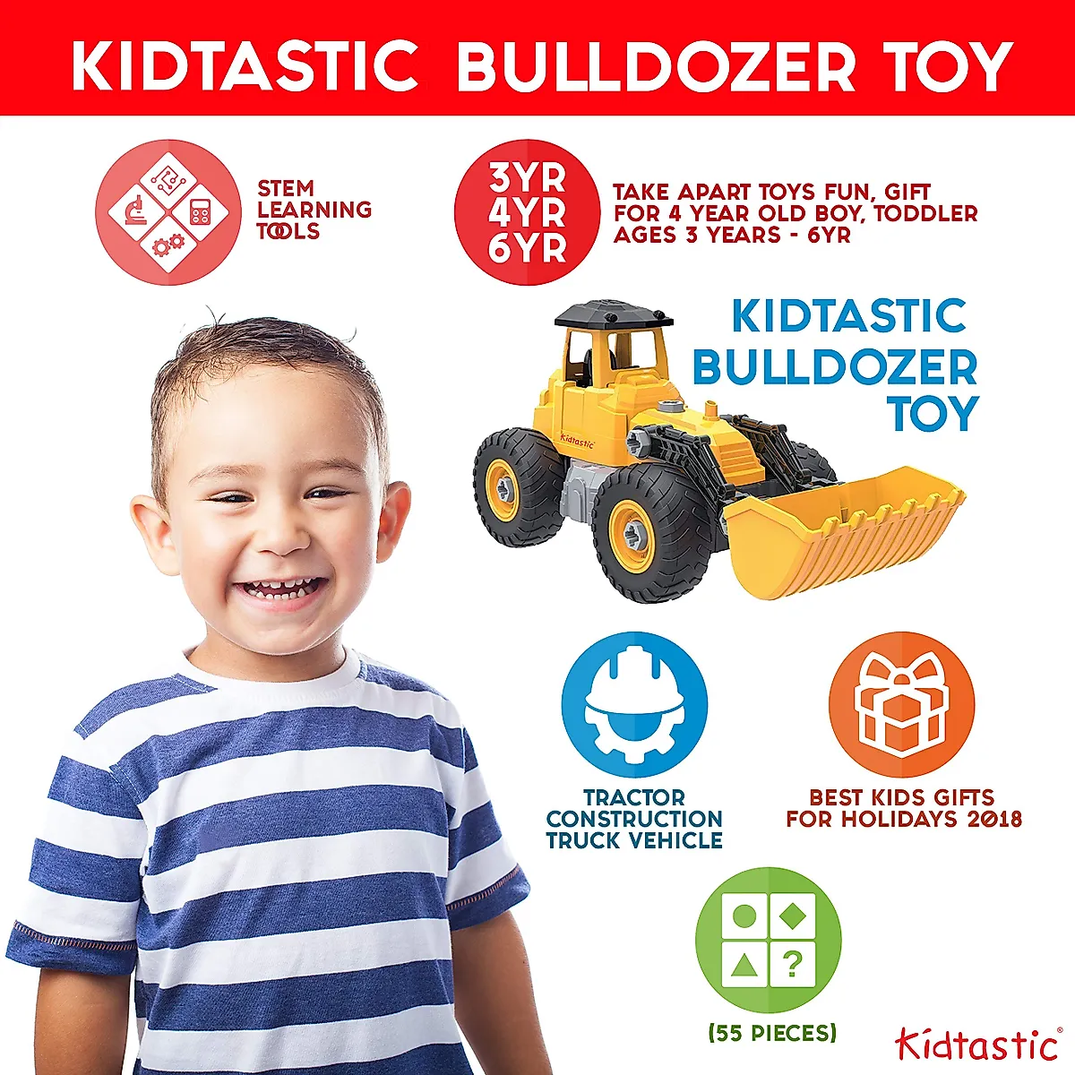 Kidtastic Bulldozer Toy for 3+ Year Old Boys and Girls, 55 Pcs Tractor Truck Engineering Vehicle Construction Toys, Take Apart Stem Fun with Screwdriver, Problem Solving Building Play Set for Kids