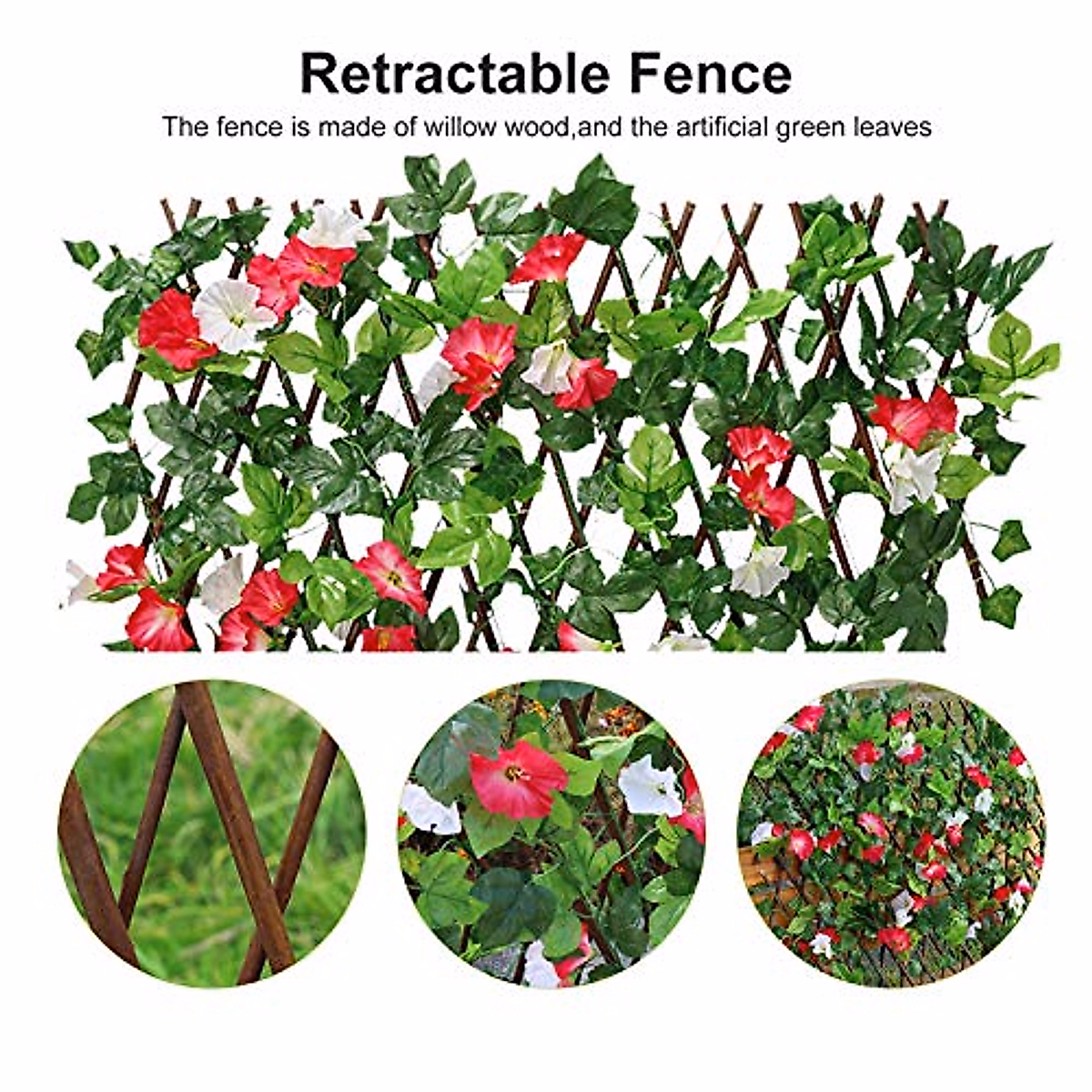 Retractable Artificial Wooden Fence, Retractable Artificial Wooden Fence with Flowers Privacy Fence, Retractable Artificial Wooden Fence