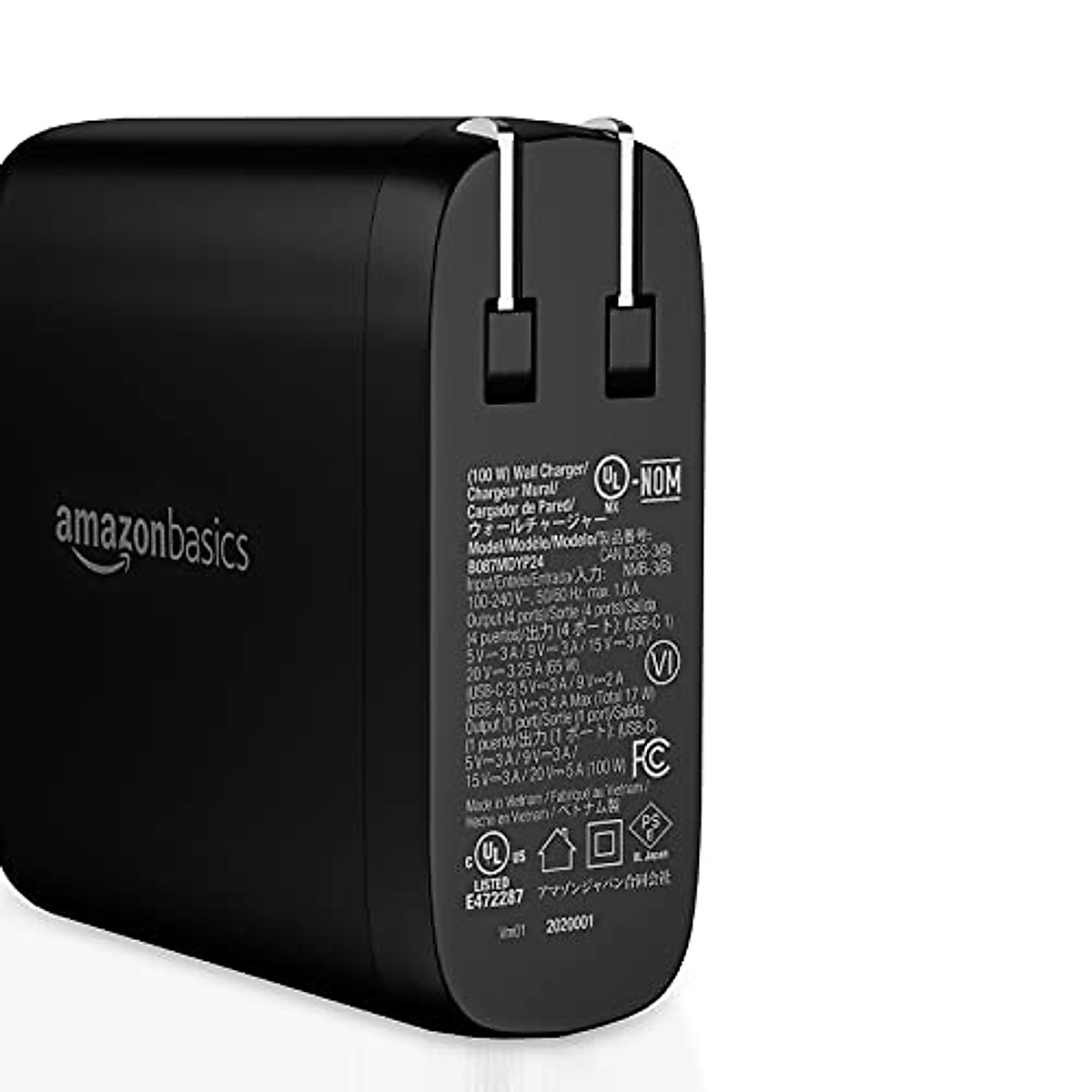 Amazon Basics 100W Four-Port GaN Wall Charger with 2 USB-C Ports(65W+18W)&USB-A Ports (17W) with Power Delivery PD for Laptops,Tablets & Phones (iPhone14/13/12/11/X,iPad,MacPro,Samsung)Black (non-PPS)