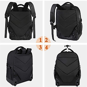 Backpack with Wheels, Large Rolling Backpack for Men Women, Water Resistant Business Travel Carry on Wheeled Backpack Bag, Durable Roller College School Computer Bookbag Fits 15.6 Inch Laptop, Black