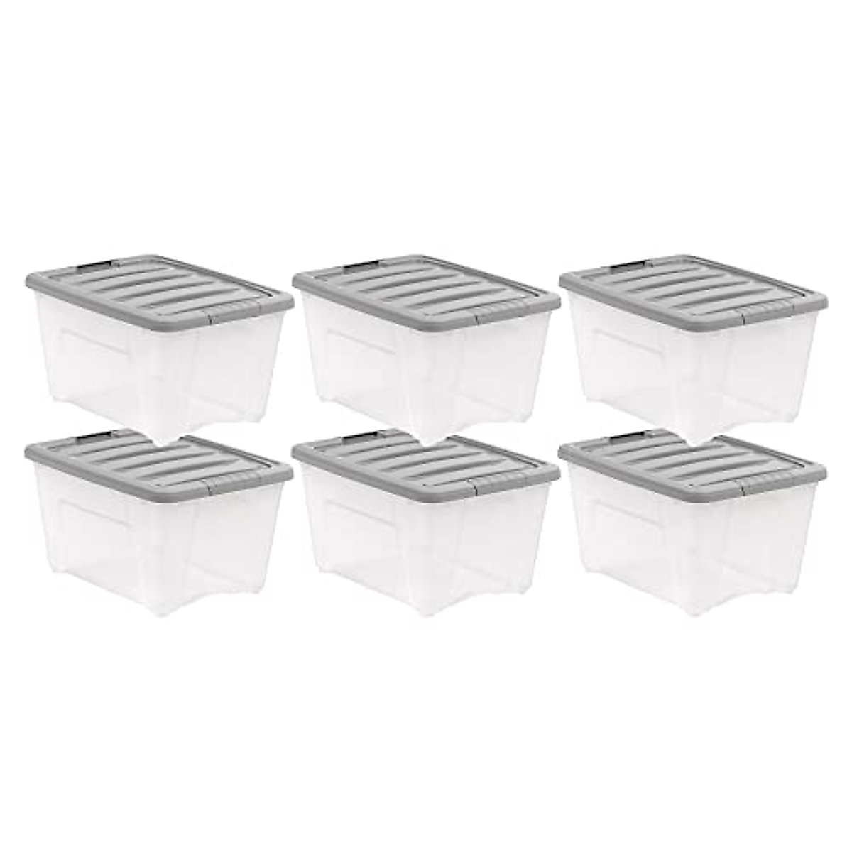 Amazon Basics 32 Quart Stackable Plastic Storage Bin with Latching Lid- Clear/ Grey- Pack of 6