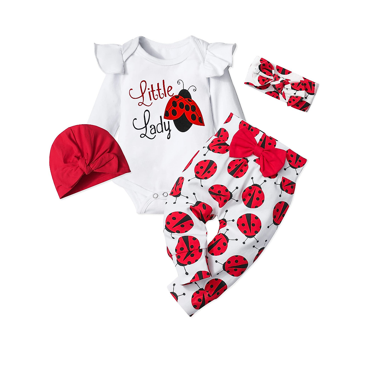 TyeSmo Baby Girl Clothes 3-6 Months Ladybug Printed White Ruffle Long-sleeve Top + Pants + Headband + Hat 3-6 Month Girl Clothes