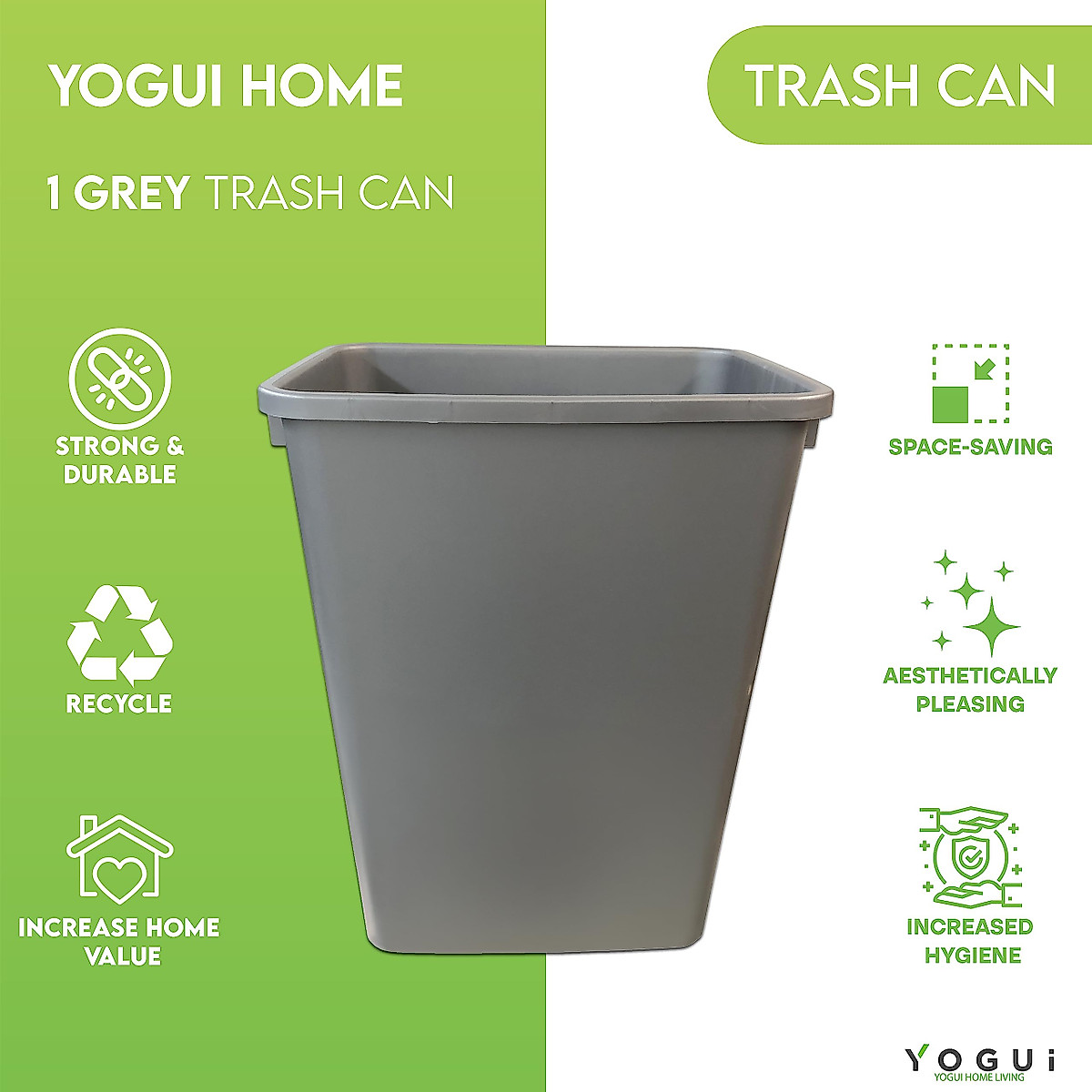 Yogui Home Living Plastic Trash Can - 35-Quart (9-Gallon) - Indoor Garbage Bin for Kitchen, Home, Office and Commercial Use - Large Waste Disposal Tub, Plastic Waste Container- Grey.