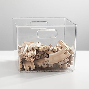 mDesign Large Modern Stackable Plastic Storage Organizer Bin Basket with Handle for Playroom and Toy Organization, Shelf, Cubby, Cabinet, and Closet Organizing Decor, Ligne Collection - 4 Pack - Clear