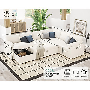 VanAcc Sleeper Sofa, 112 Inch Pull Out Sofa Bed with Storage Chaise & 3 Seater, Oversized U Shape Sectional Couch with Pull Out Bed, White Boucle Couch