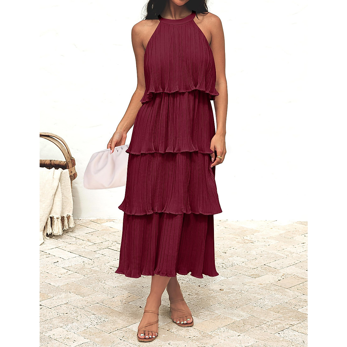 ZESICA Women's 2024 Summer Sleeveless Halter Neck Ruffle Tiered Layed Chiffon Flowy Swing Long Midi Dress,Wine,Medium