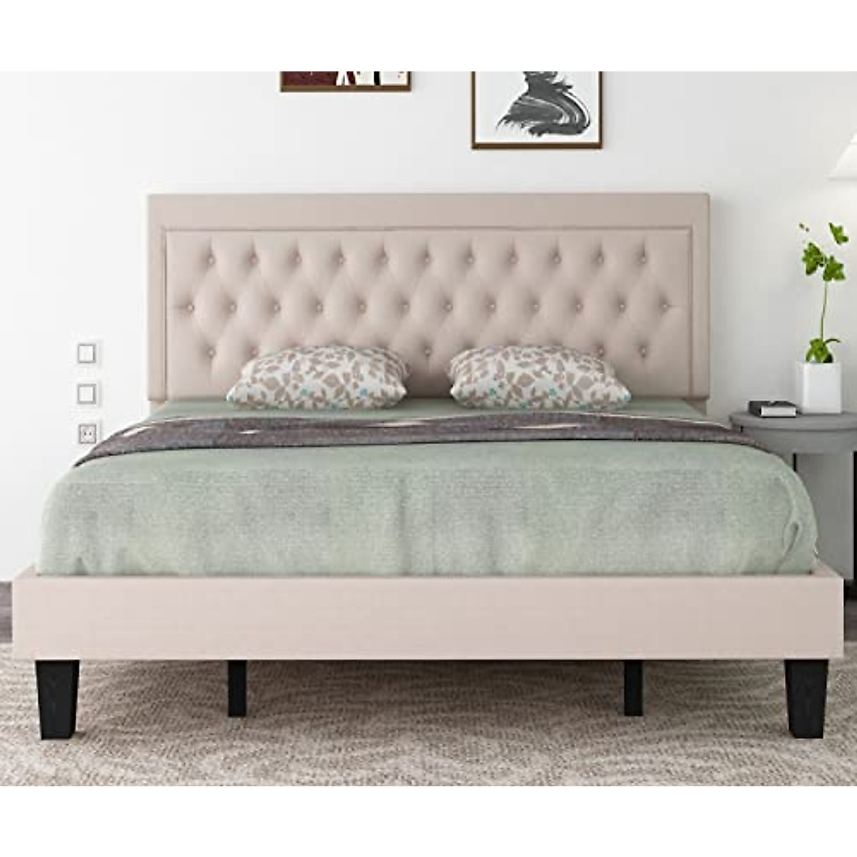 Benevika Queen Size Upholstered Platform Bed Frame with Linen Fabric Button Tufted Headboard, Wood Slat Support, Upholstered Mattress Foundation, No Box Spring Needed, Easy Assembly, Beige