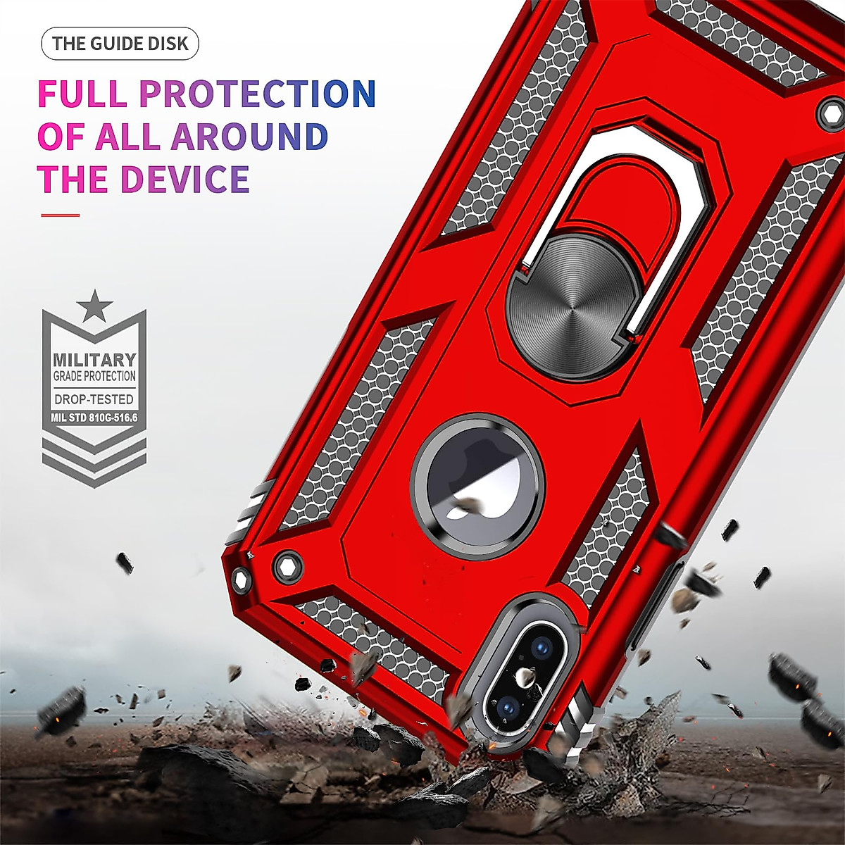 LeYi Compatible for iPhone X Case, iPhone Xs Case with [2Pack] Tempered Glass Screen Protector for Women Men, [Military-Grade] Phone Case with Ring Kickstand for Apple iPhone X/Xs/10, Red