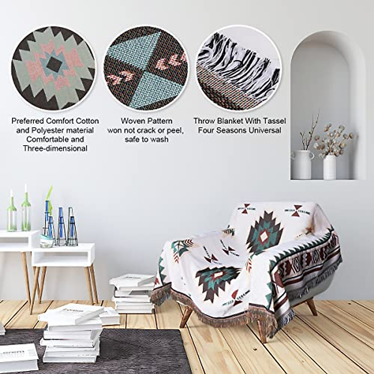 KKUYT Aztec Blanket, Oversized Boho Throw Blanket with Fringe, Southwestern Geometric Tapestry Vintage Woven Throw Blankets, Double-Sided Home Decor for Couch Sofa Chair Bed Travel (51" x 63")