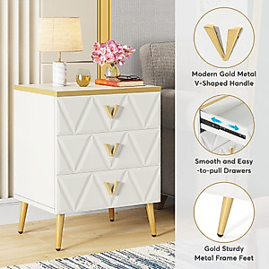 Tribesigns 3-Drawer Nightstand Set of 2, Luxury Bedside Table End Table with Storage Drawers and Golden Legs, Modern Nightstand for Bedroom, Gold and White