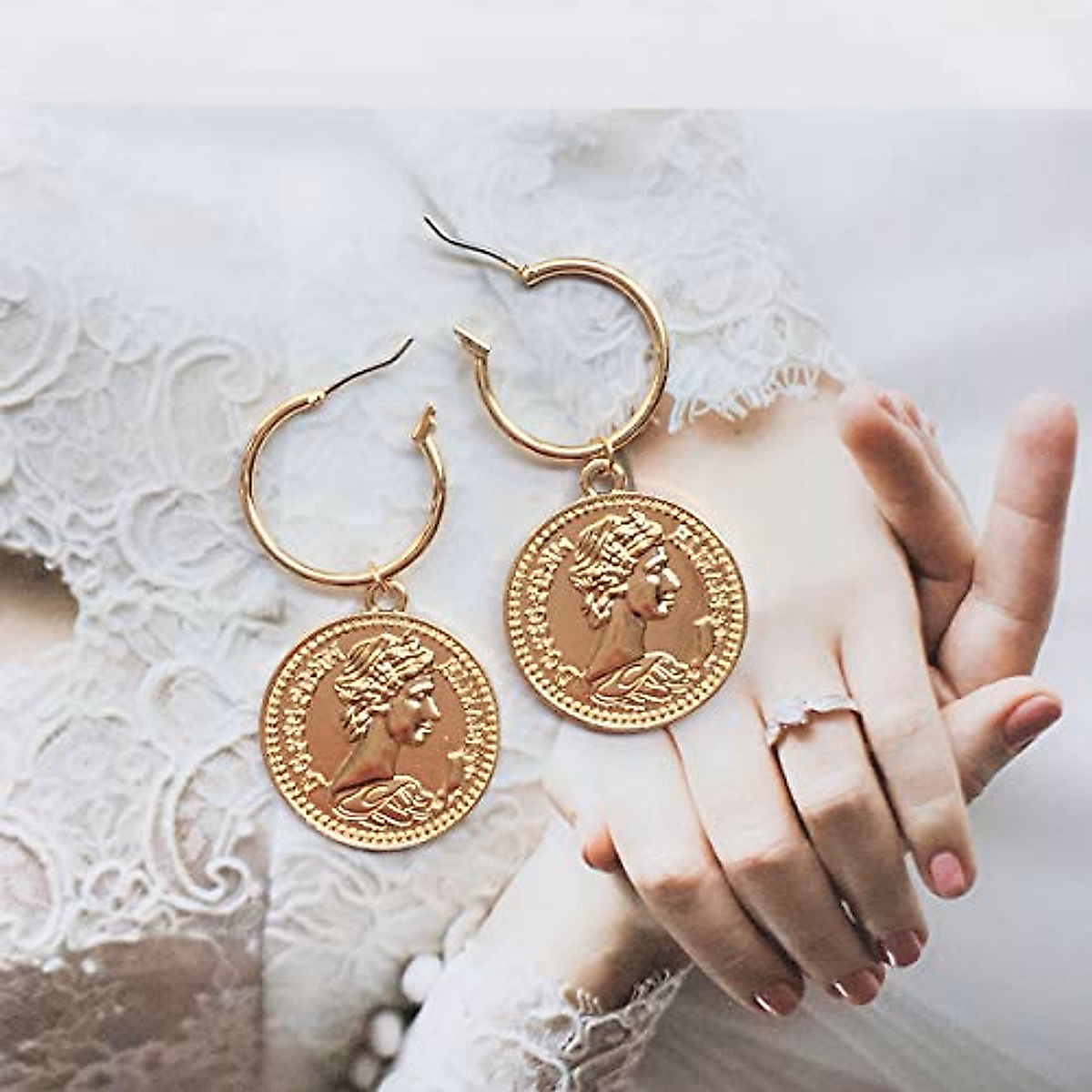 Doubnine Coin Hoops Earrings Medallion Greek Goddess Portrait Gold Dainty Tiny Disc Dangle Women Fashion Jewelry