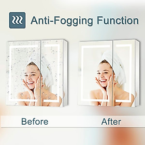 Chende 30x32 Medicine Cabinet with Lights, Stainless Steel LED Medicine Cabinet for Bathroom, Anti-Fog Lighted Medicine Cabinet with 2 Mirror Doors, Dimmer, Interior Lights