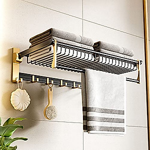 24HOCL 24 Inch Foldable Towel Rack Wall Mounted with Towel Bar/Basket, Bath Towel Shelf with Movable 7 Hooks for Bathroom Hotel Lavatory (Black+Gold)