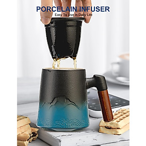 suyika Tea Cup with Infuser and Lid, 15.2 Ounce Wood Handle Ceramic Loose Leaf Tea Mug,Embossed Tea Steeping Mug for Gifts, Gradient Black&Blue 450ml