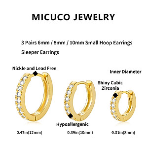 micuco 3 Pairs Small Hoop Earrings Tiny Cartilage Earrings for Women Cubic Zirconia Earrings Gold Plated Huggie Hoop Ear Piercing Earrings for Men Gold Plated 8mm 10mm 12mm