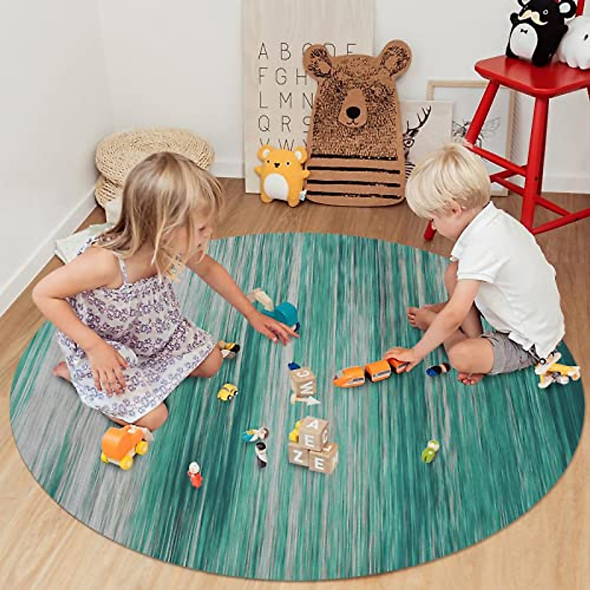 Small Round Area Rug 3f for Bedroom Modern Abstract Retro Teal Rugs Soft Shag Carpet Non-Shedding Rug Non-Slip Playing Mat for Kids Nursery Room Living Room Washable Circle Rug