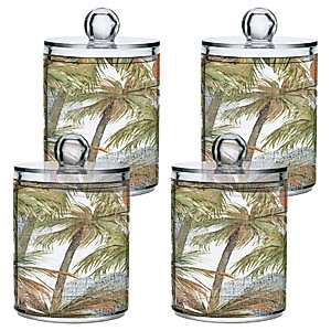 Kigai Abstract Palm Tree Qtip Holder Dispenser - 14OZ Clear Plastic Apothecary Jars Food Storage Jar with Lids Bathroom Canister Organizer for Coffee, Tea, Candy, Floss (2Pack)