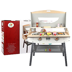 KIDS TOYLAND Wooden Pretend Barbecue Grill Play Set, Play Kitchen Set Cooking Gift for Girls and Boys - Best for 3 4 5 Year Old Kids