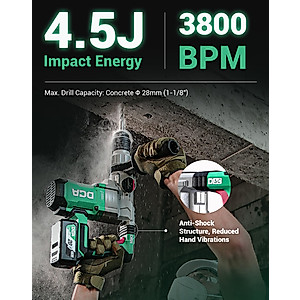 DCA 20V MAX Brushless Rotary Hammer Drill, 4.5 Joule, 3800BPM, 1-1/8 Inch SDS-Plus, Cordless Heavy Duty Rotary Hammer Drill, 5.0Ah Battery, 4A Fast Charger, Safety Clutch, 4 Drill Bits and 2 Chisels