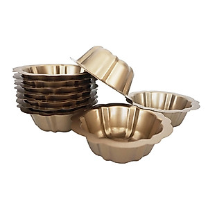 Proshopping 10 Pieces Mini Bundt Cake Pan, Nonstick 4 Inch Small Carbon Steel Fluted Bundt Cake Pan for Baking, Metal Baking Mold for Cupcakes, Donuts, Brownies - Pumpkin Shaped, Gold