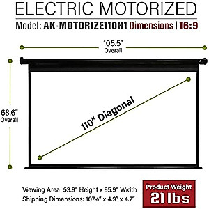 Akia Screens 110 inch Motorized Electric Remote Controlled Drop Down Projector Screen 16:9 8K 4K HD 3D Retractable Ceiling Wall Mount Black Projection Screen Office Home Theater Movie AK-MOTORIZE110H1