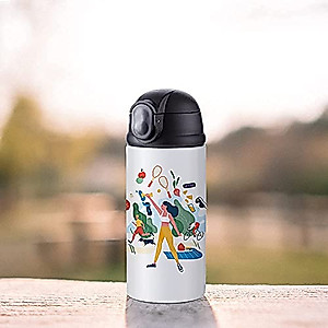 PYD Life Sublimation Blanks Kids Water Bottle 12 OZ White Straight Skinny Kids Tumbler Sippy Up Cup with Pop Black Lid for Tumbler Heat Press Machine Sublimation Print 6 Pack