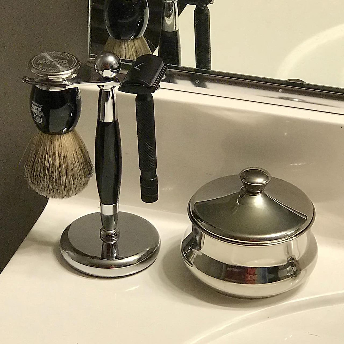 Deluxe Stainless Steel Shaving Brush Stand Holder for Razor & Brush - Extra Wide Openings, Weighted Base Black Handle