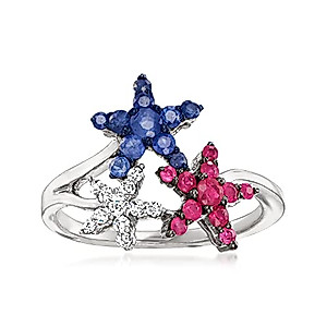 Ross-Simons 0.20 ct. t.w. Sapphire and .20 ct. t.w. Ruby Star Ring With Diamond Accents in Sterling Silver. Size 7