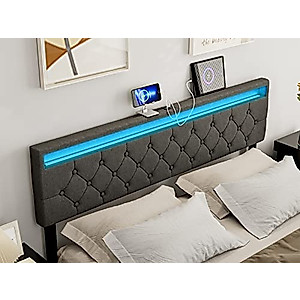 IKIFLY Upholstered California King Size LED Headboard with LED Lights & 2 USB Ports - Adjustable Height - Button Tufted Linen Fabric Padded Headboard Only, Easy Assembly - Dark Grey/Cal King