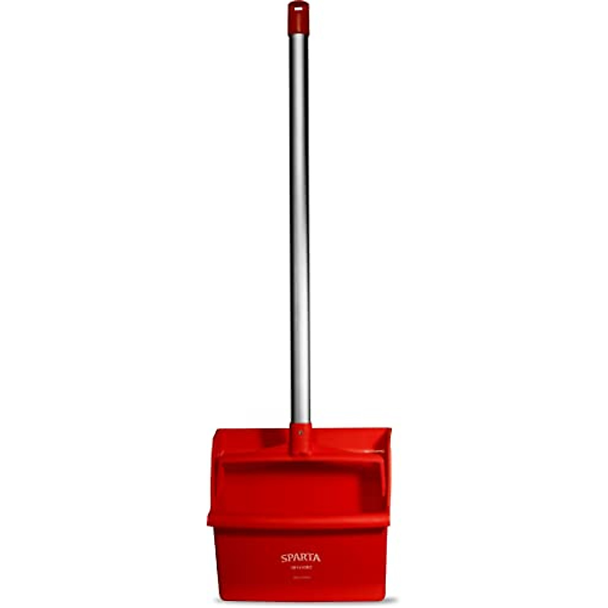 SPARTA Upright Dustpan with Aluminum Handle, Serrated Edge for Broom Combing, Secure Yoke Lock with Easy Storage Hanging Hole for Commercial Cleaning, Plastic, 30 Inches, Red
