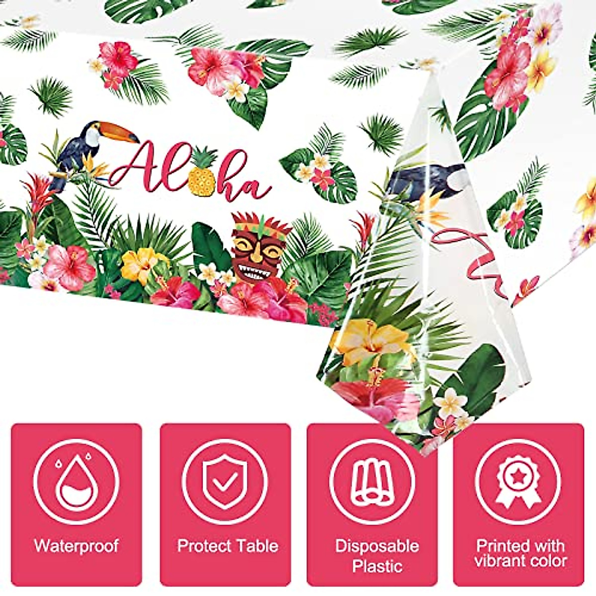 3 Pack Hawaiian Luau Tablecloths, Luau Decoration Aloha Tropical Palm Leaves Table Cloth Hawaii Disposable Plastic Rectangular Table Cover Tiki Party Supplies for Birthday Summer Kid, 54 x 108 Inch