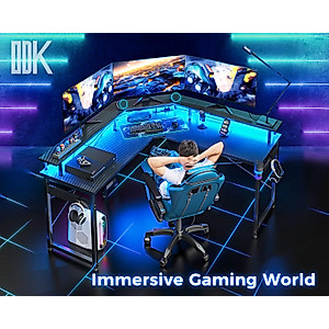 ODK L Shaped Gaming Desk with LED Lights & Power Outlets, 50.8" Computer Desk with Full Monitor Stand, Corner Desk with Cup Holder, Gaming Table with Hooks, Black Carbon Fiber