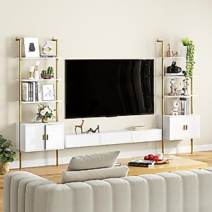 Gadroad 73" Tall Bookshef with Cabinet, Wall Mounted Industrial Ladder Bookcase with Wood and Metal Frame, 5 Tier Plant Shelf Display Storage Shelves for Living Room Bedroom, White Gold