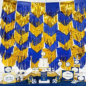 Royal Blue Gold Tassel Backdrop Tissue Paper Metallic Foil Fringe Tinsel Garland Streamers Bunting Banner for Graduation Birthday Anniversary Bachelorette Wedding Engagement Party Decorations Supplies