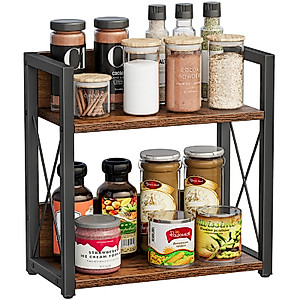 Giikin Counter Shelf Organizer, 2 Tier Kitchen Spice Rack for Countertop, Wood Coffee Counter Organizer for Home (Rustic Brown)