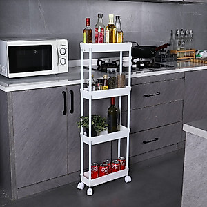 Sooyee 4 Tier Slim Storage Cart Mobile Shelving Unit Organizer Slide Out Storage Rolling Utility Cart Tower Rack for Kitchen Bathroom Laundry Narrow Places, Plastic & Stainless Steel,White