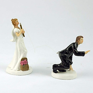 Cake On Fishing Bride Catching Groom Funny Wedding Cake Topper Decor- Bride And Groom Set