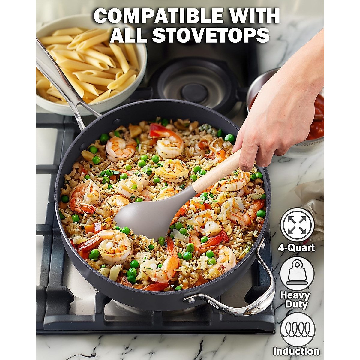 Cooks Standard 4-QT Nonstick Deep Sauté Pan with Lid, 10.5-inch Deep Frying Pan Hard Anodized Ceramic Nonstick Induction Cookware, Oven Safe Large Skillet Jumbo Cooker Sartén, Helper Handle, Black