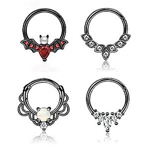 YACHY 4Pcs 16G Nose Rings for Women Man Cute Halloween Bat Ring Opal Cartilage Earrings Surgical Steel Nose Rings Hoop Tragus Helix Rook Daith Earrings Hinged Ring for Ear Nose Body Piercing Jewelry