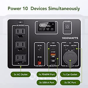 Portable Power Station 1000W, 1110Wh Backup Battery, 200W Max Input, PD 60W, Electric Solar Generator Outage Emergency Power Supply for Home Outdoors CPAP, Camping Travel RV Van