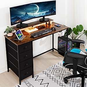 LOAKEKEL 55 Inch Desk with Drawers, Gaming Desk with LED Light & Power Outlets, Computer Desk with Monitor Stand, Writing Desk with Headphone Hook for Home Office, Bedroom, Brown, HGD14BR