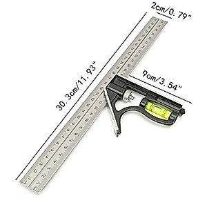 CREATIVE HOBBIES Universal Combination Angle Ruler Try Square Measuring Tool 300mm Adjustable Stainless Steel Multifunctional Combination Angle Protractor Right Angle Ruler Small Base 30cm