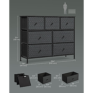 SONGMICS Dresser for Bedroom, Chest of Drawers, Closet Organizer and Storage Cabinet with 7 Fabric Drawers, Metal Frame, Ebony Black and Ink Black ULTS117B01