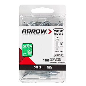 Arrow RMS1/8IP Medium Steel 1/8-Inch Pop Rivets for Metal, Fabric, Leather, and Auto Repair, 100-Pack