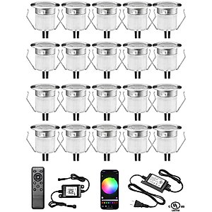 LED Deck Lights Kit, 20pcs Φ1.18 WiFi Wireless Smart Phone Control Low Voltage Recessed RGB Deck Lamp In-ground Lighting Waterproof Outdoor Yard Path Stair Landscape Decor, Fit for Alexa,Google Home