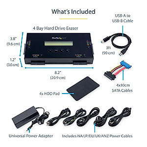 StarTech.com 4 Bay SSD/HDD Hard Drive Eraser, 2.5/3.5" SATA, Hostless Standalone Secure Erase, Disk Sanitizer, Hardware Wiper Erasing Tool, 9 Modes, RS232 Printer Port, NIST/DOD, LCD, TAA (SATERASER4)
