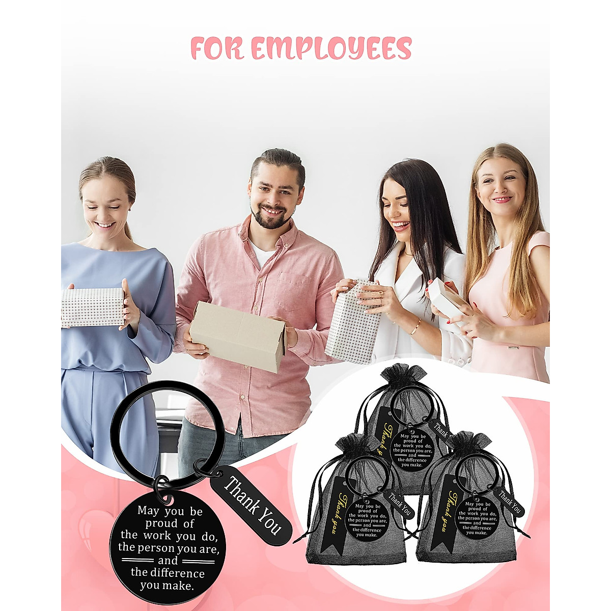 Yinkin 300 Pcs Christmas Employee Thank You Gifts Bulk Gifts for Coworkers Include 100 Inspirational Employee Appreciation Keychain Gifts 100 Organza Bags 100 Cards for Teacher Nurse Team(Black)