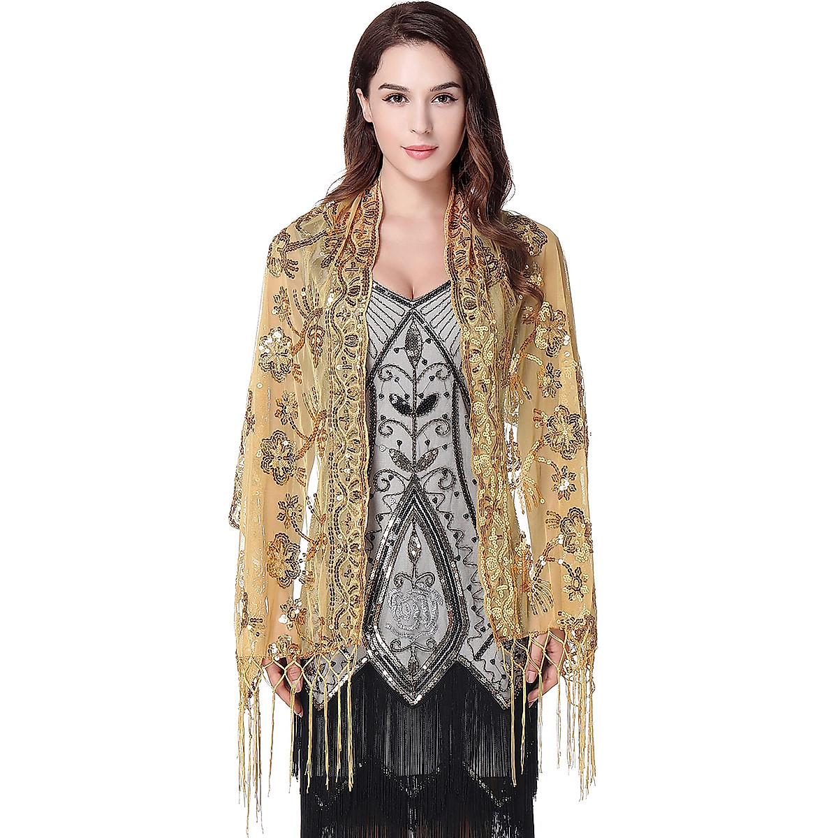 BABEYOND 1920s Shawl Wraps Sequin Fringed Evening Cape Wedding Bridal Shawl Scarf for Evening Dresses Party (Gold)